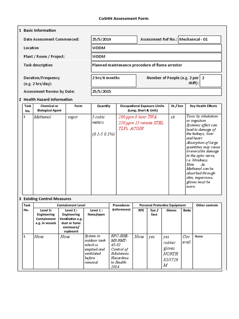 A Comprehensive CoSHH Assessment for Planned Maintenance Involving ...