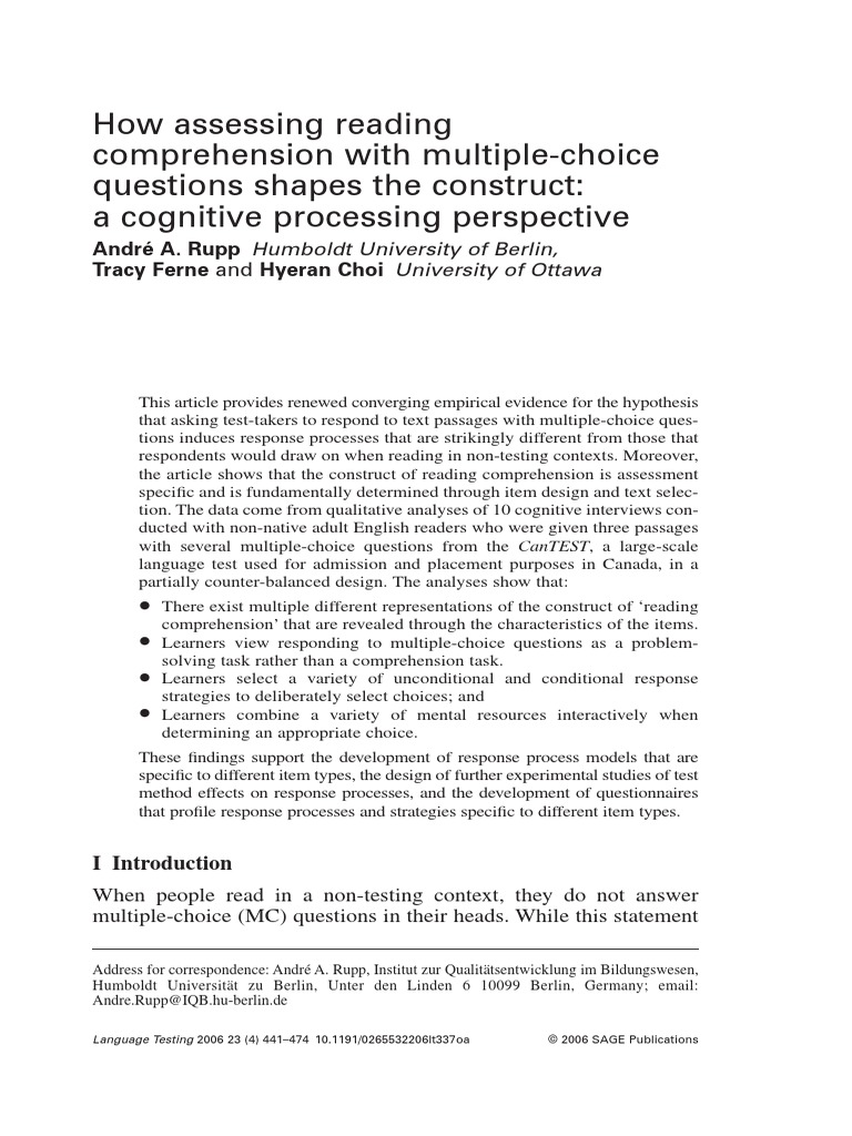 Rupp, Ferne Choi (2006) - Assessing Reading Comprehension With MC | PDF | Reading Comprehension ...