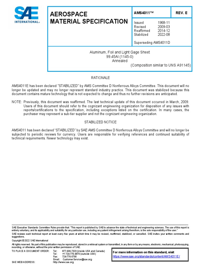 SAE AMS4011E Aluminum, Foil and Light Gage Sheet 99.45al (1145-0 ...