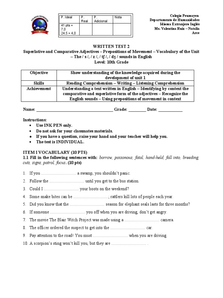 Written Test 2 2do Medio | PDF | English Language | Grammar