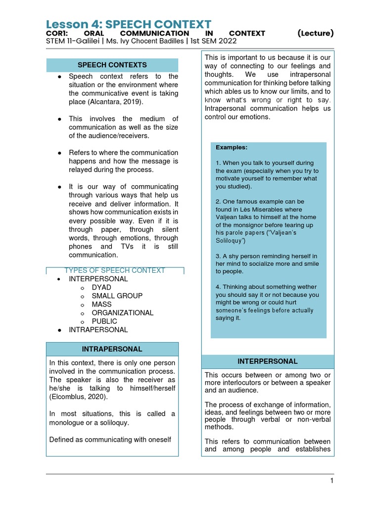ORAL COM Lesson 4 SPEECH CONTEXT Notes | PDF | Communication ...