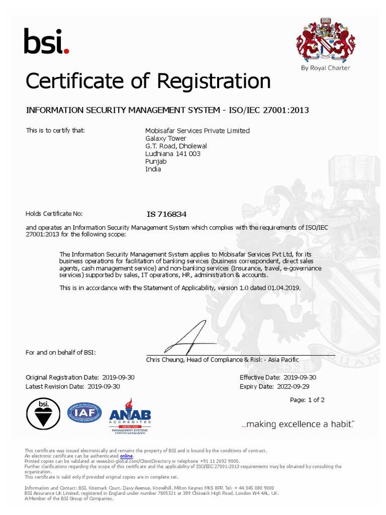 Mobisafar ISO/IEC 27001 Registration | PDF