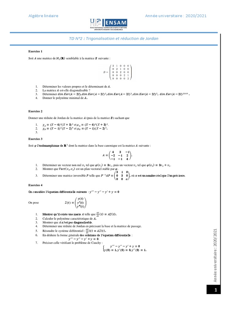 TD2 - Trigonalisation Et Réduction de Jordan - 2020 | PDF | Matrice ...