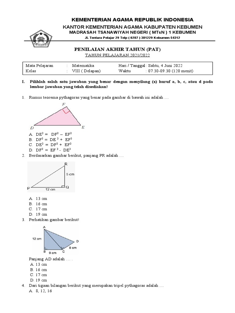 Pat Matematika Kelas 8 20212022 | PDF | Metode & Bahan Ajar