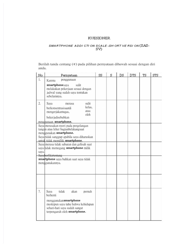 PDF Kuesioner Sas Svdocx | PDF