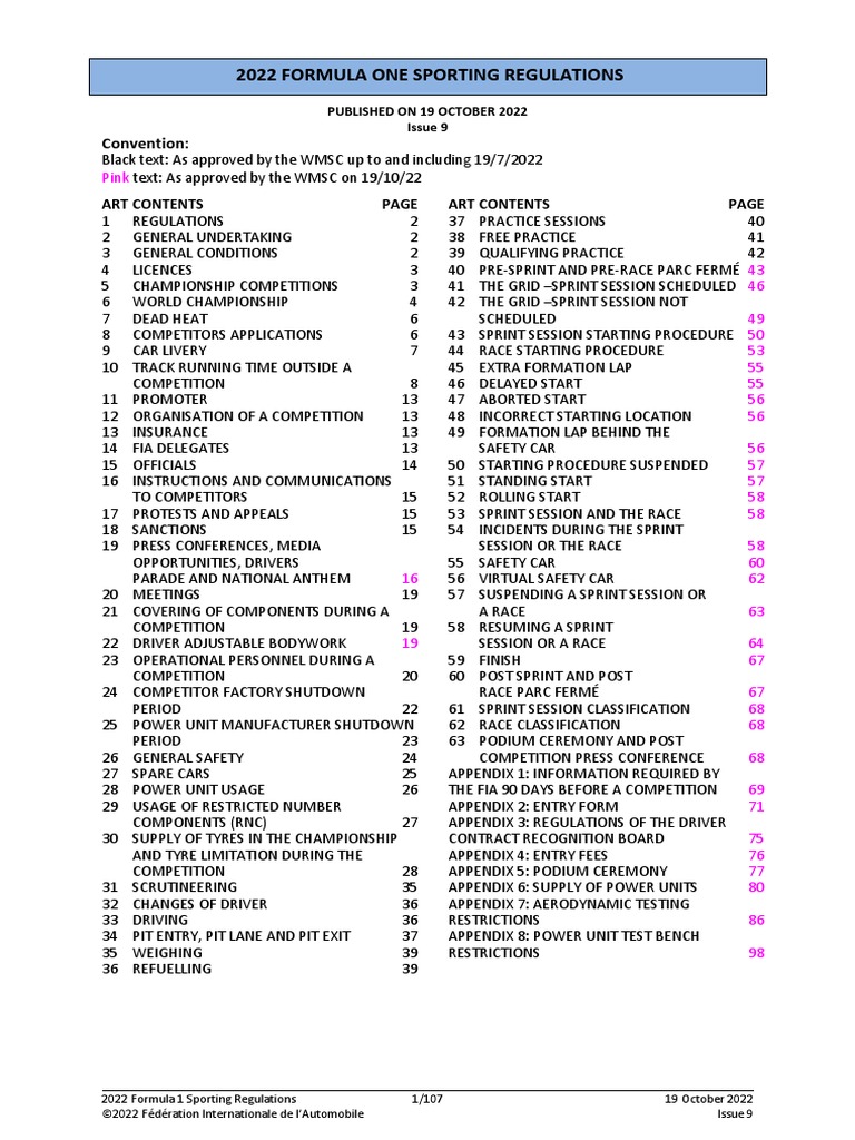 Fia 2022 Formula 1 Sporting Regulations - Issue 9 - 2022-10-19 0 | PDF ...