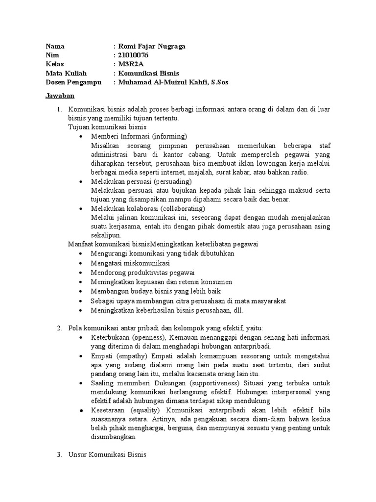 Romi Fajar Nugraha (21010076) UTS KOMUNIKASI BISNIS | PDF | Ilmu Sosial