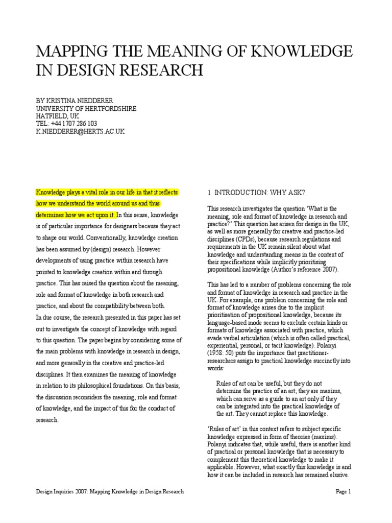 Niedderer 2007 Mapping The Meaning of Knowledge in Design Research Design Inquiries | PDF