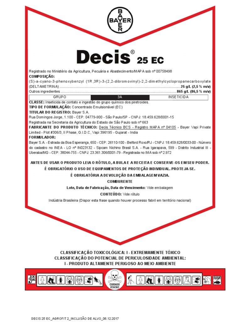 Instruções de uso do inseticida Decis 25 EC para o controle de pragas ...