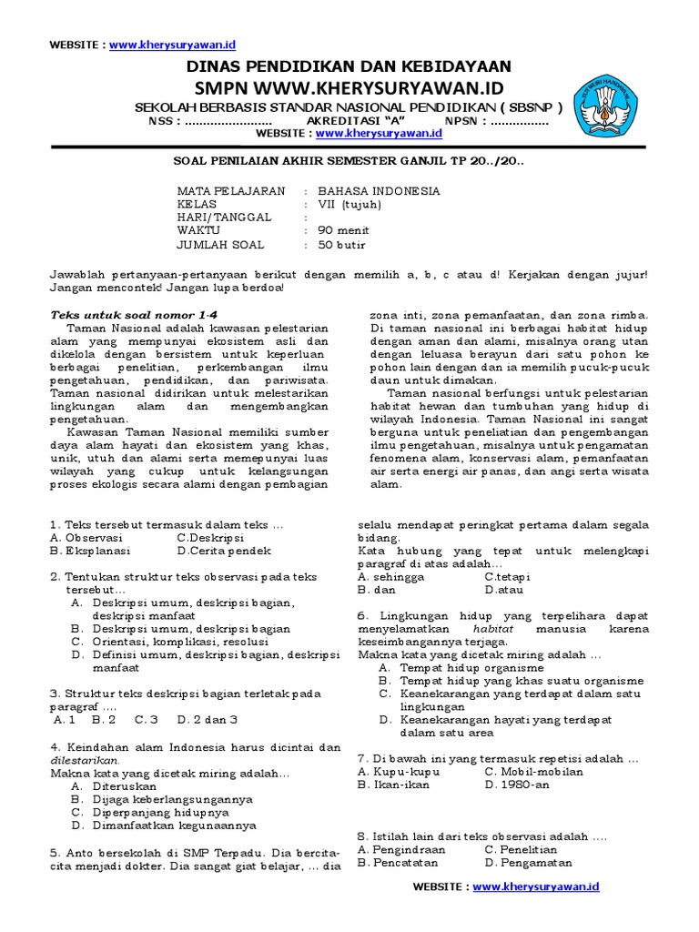 SOAL PAS B. INDO KELAS 7 Versi 1 - WWW - Kherysuryawan.id | PDF | Seni & Disiplin Bahasa ...