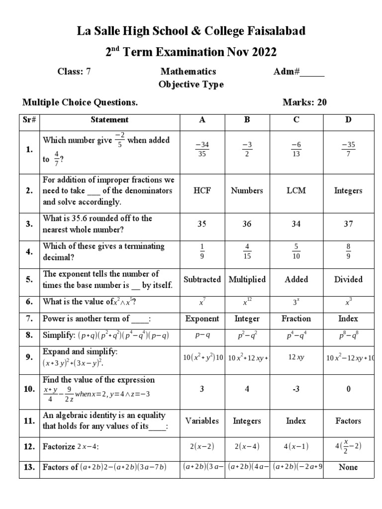 Class 7 Paper | PDF | Rational Number | Rectangle