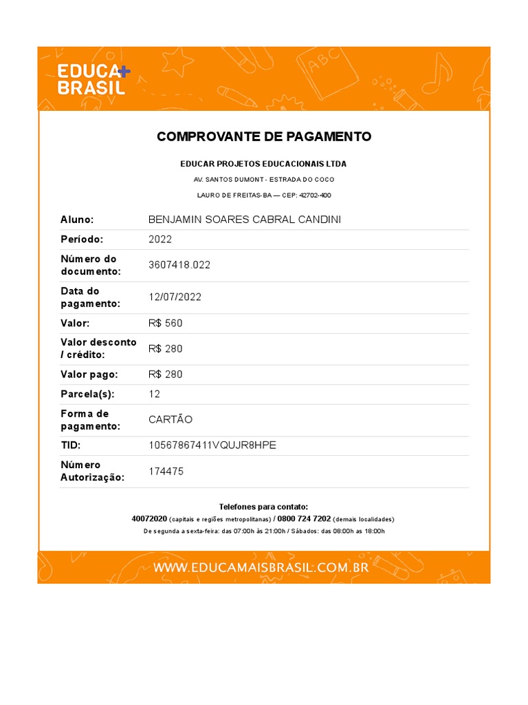 Comprovante pagamento escola Benjamin Cabral | PDF