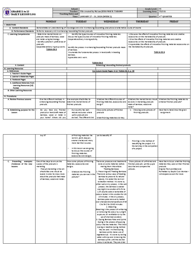 TLE-IA Daily Lesson Log for Grades 6-12 | PDF | Varnish | Paint