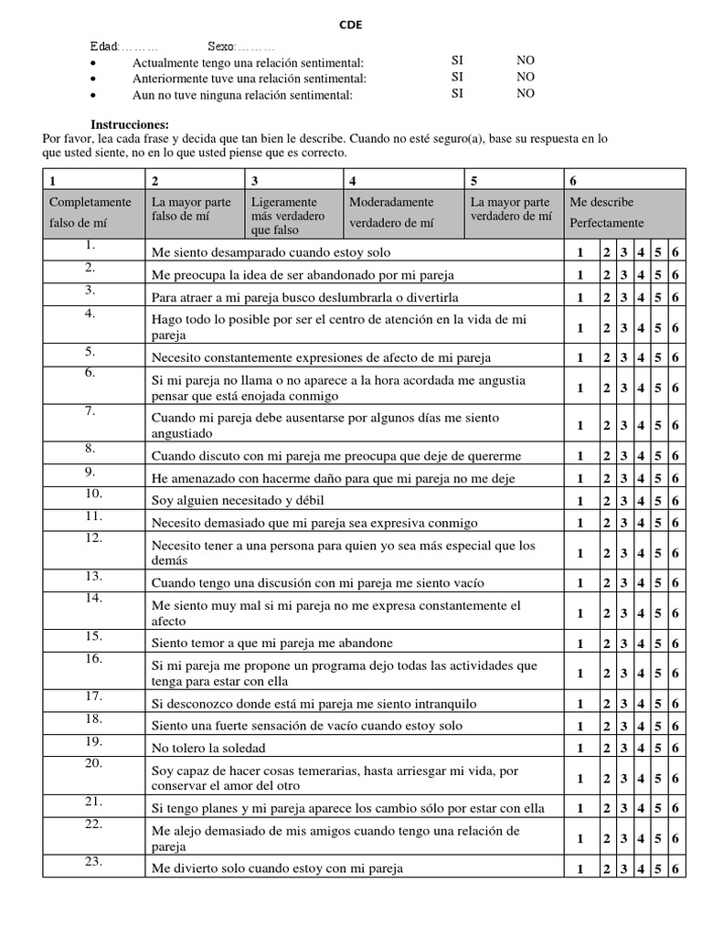 CDE. Dependencia Emocional. Preguntas. | PDF