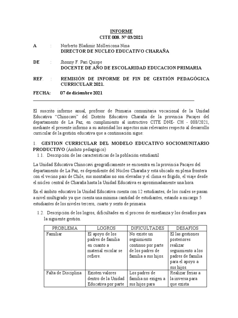 Informe de Fin de Gestion-1 | PDF | Evaluación | Aprendizaje