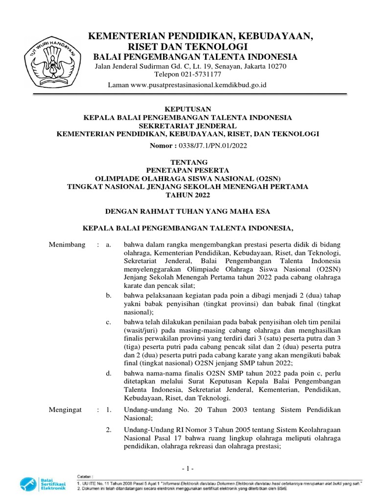 SK - O2sn - Penetapan Peserta O2sn SMP Tingkat Nasional Tahun 2022 | PDF