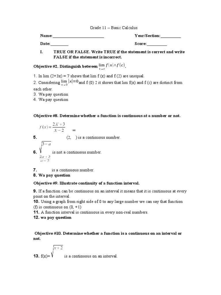Calculus Grade 11 Test-Questionnaire | PDF