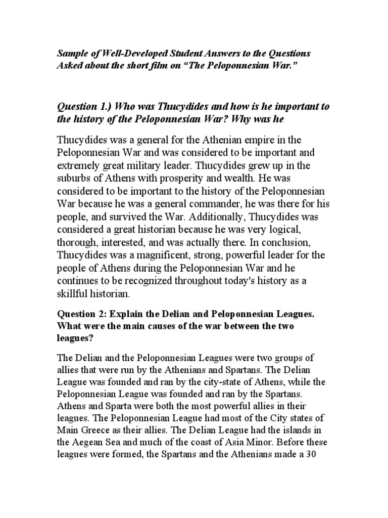 Sample of Answers To Peloponnesian War Open Responses | PDF ...