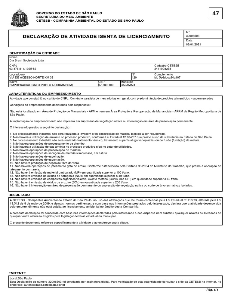 Declaração De Dispensa Licença Ambiental Pdf Química Substancias