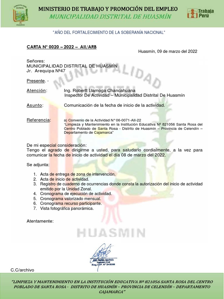 MODELO - CARTA Nº020. Comunicación de La Fecha de Inicio de Actividad | PDF