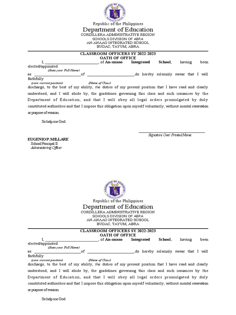 Oath of Office Class Officer | PDF | Oath Of Office | Cultural Conventions
