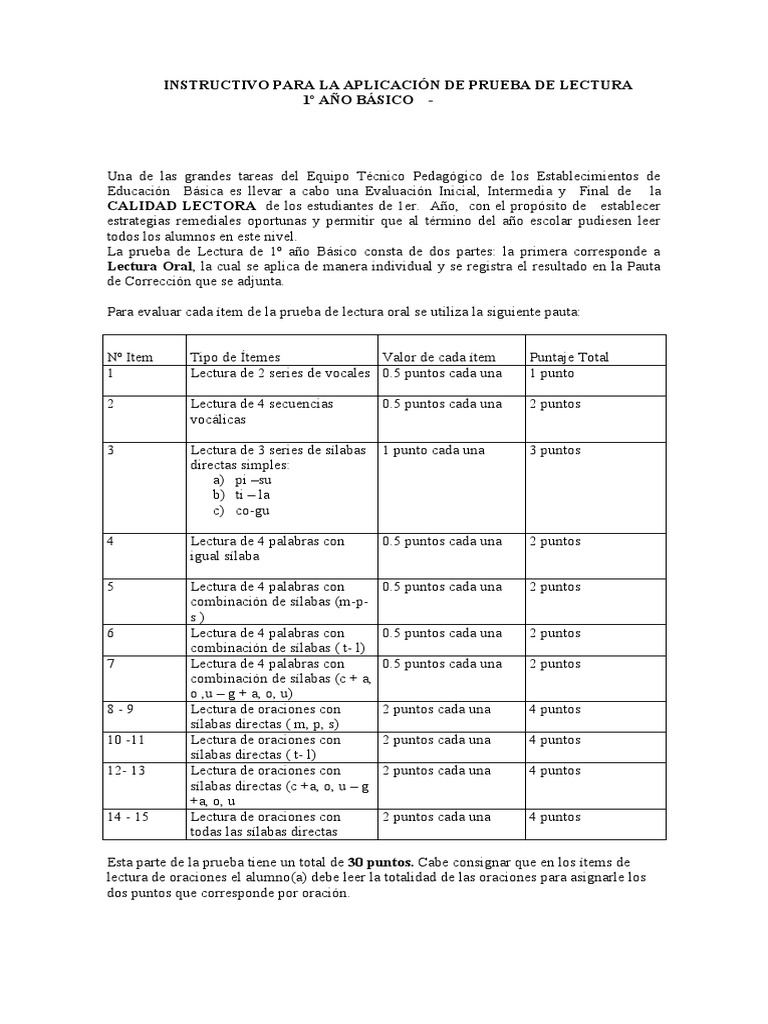 Instructivo Prueba de Lectura 1º Año | PDF | Evaluación | Comprensión ...