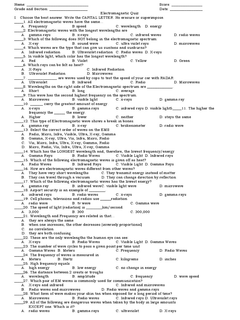 Em Wave Quiz | Download Free PDF | Electromagnetic Spectrum ...