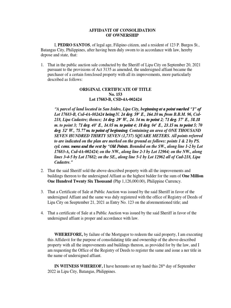 Sample Affidavit of Consolidation | PDF