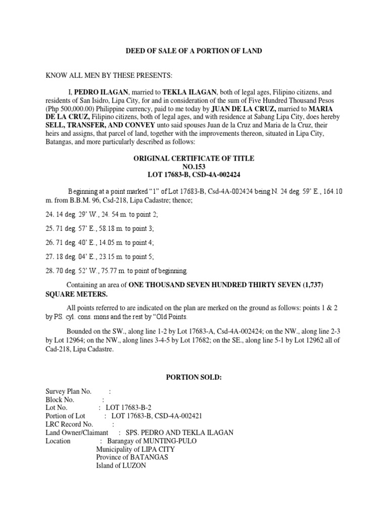 Sample Deed of Sale of A Portion of Land | PDF | Law And Economics ...