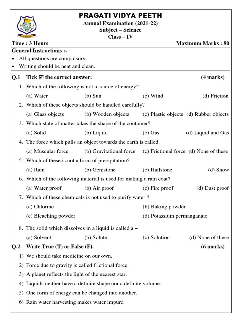4 - Science (Set-1) Annual Exam Paper Class IV 2021-22 | PDF | Water ...