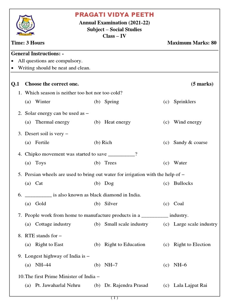 Class 4 Social Studies Exam Paper | PDF | Soil | Natural Environment