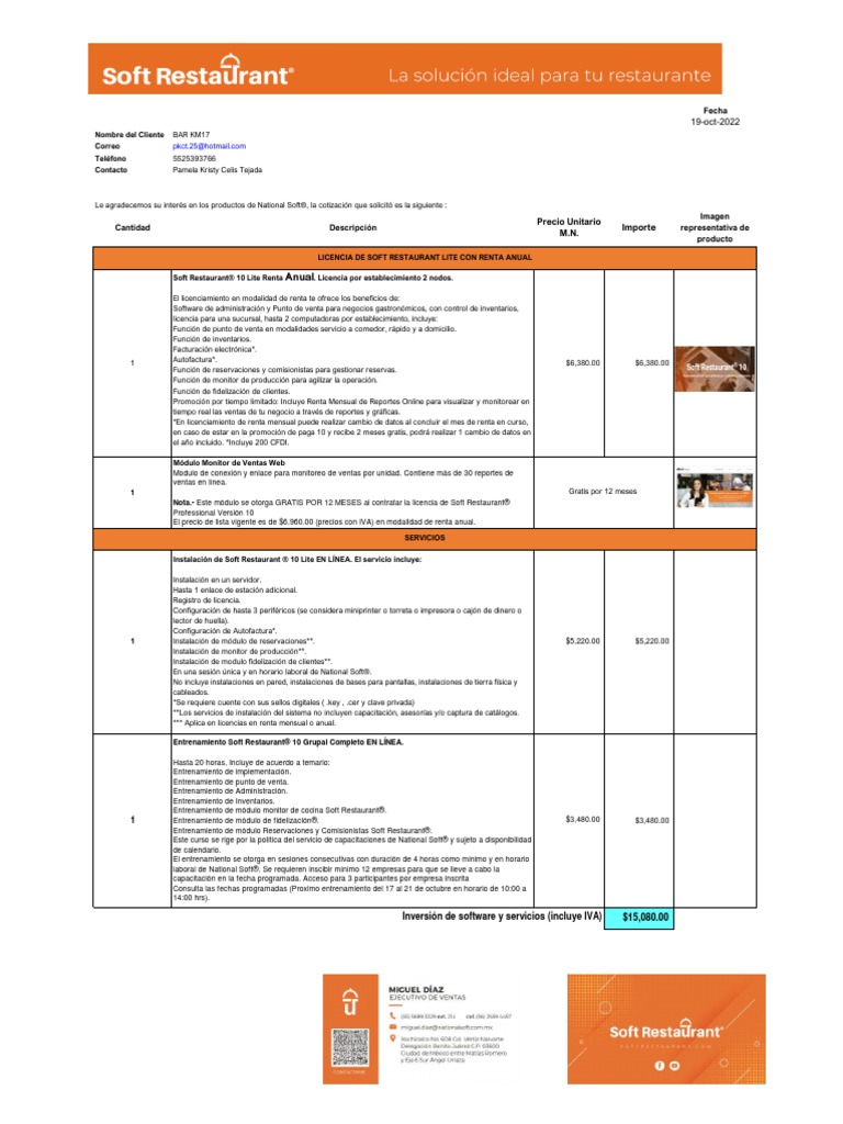 085 Cotización - Soft Restaurant Lite Anual - HW (PC Ci5 - Comandero ...