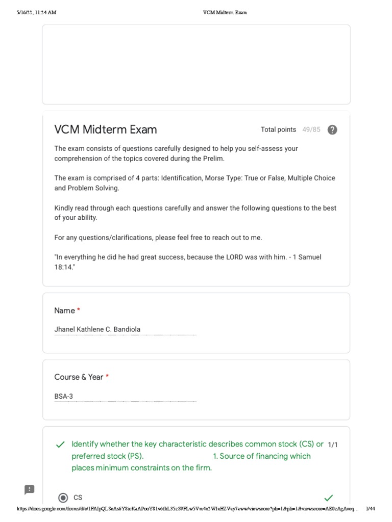 VCM Midterm Exam | PDF | Multiple Choice | Stocks