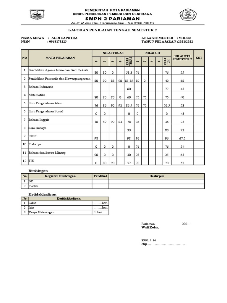 Blangko Rapor Mid SMT 2 2122 | PDF