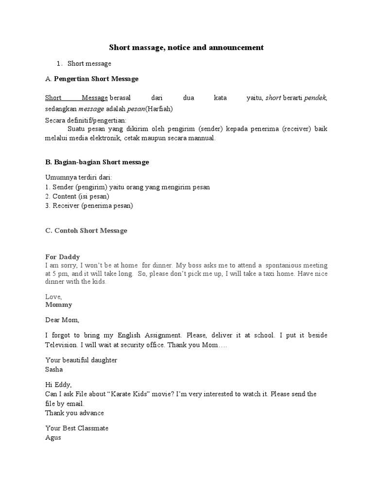 Pengertian dan Contoh Short Message | PDF | Karier & Perkembangan ...