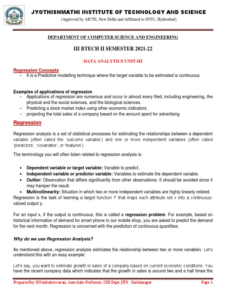 Data Analytics Regression UNIT-III | PDF | Regression Analysis ... Data Analytics Regression UNIT-III | PDF | Regression Analysis ...