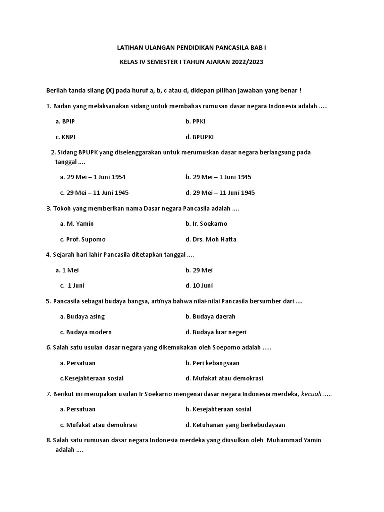 Latihan Ulangan Pendidikan Pancasila Bab 1 | PDF