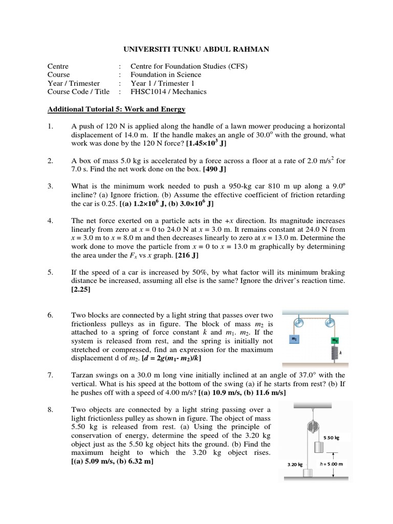 Mechanics Tutorial: Work and Energy Problems | PDF | Mass | Force