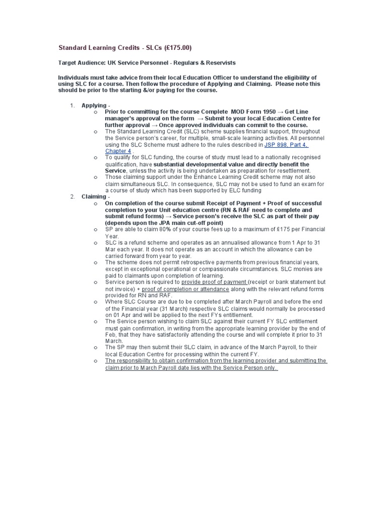 Standard Learning Credits Guide for Service Personnel | PDF | Career ...