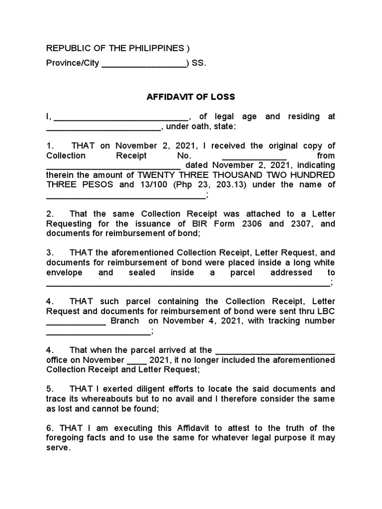 Affidavit of Loss for Collection Receipt | PDF | Law