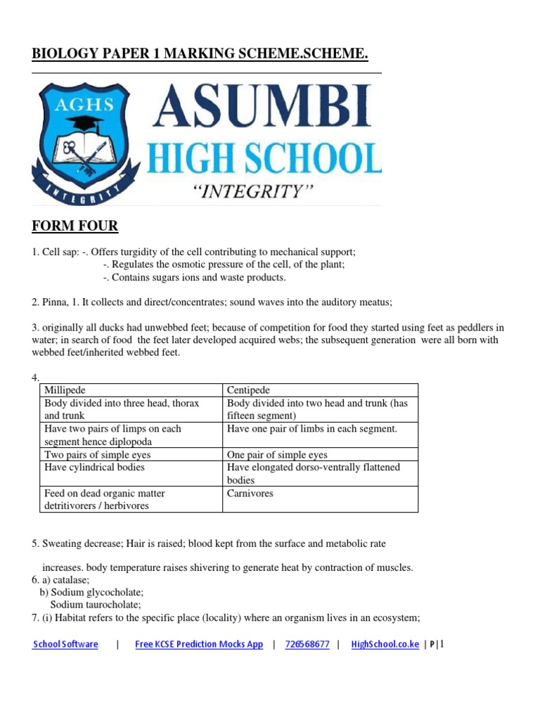 BIOLOGY Paper 1 Marking Scheme Asumbi Girls Final Prediction 2022 | PDF ...