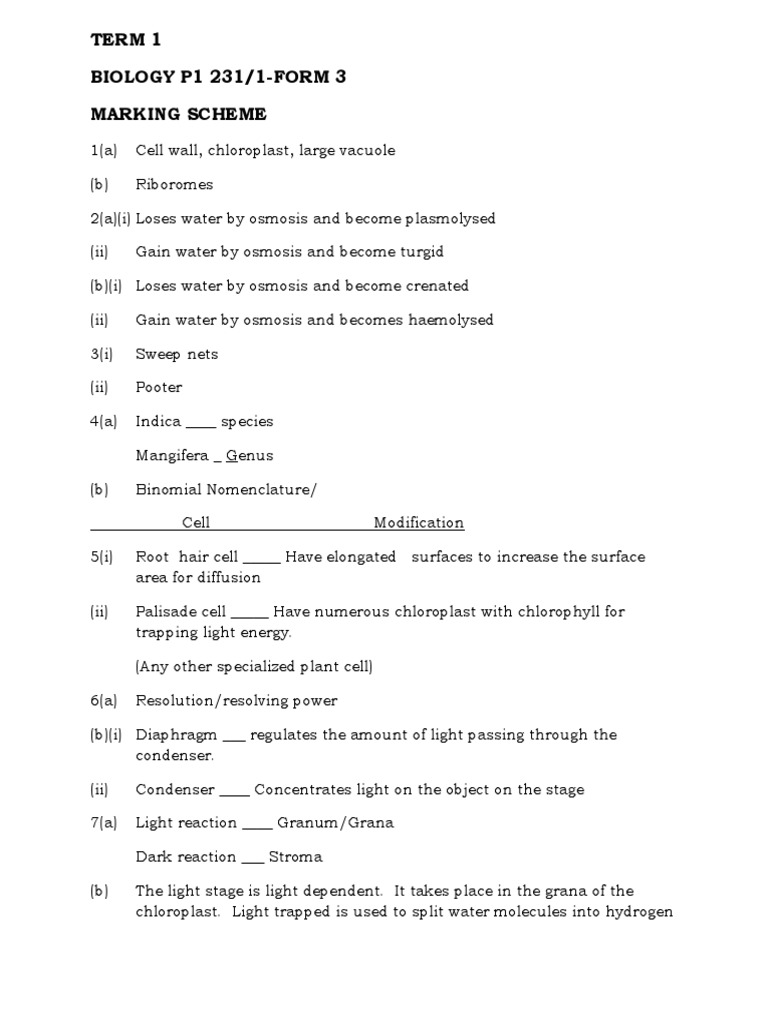 Biology Form 3 Paper 1 Marking Scheme | PDF | Cellular Respiration | Physiology