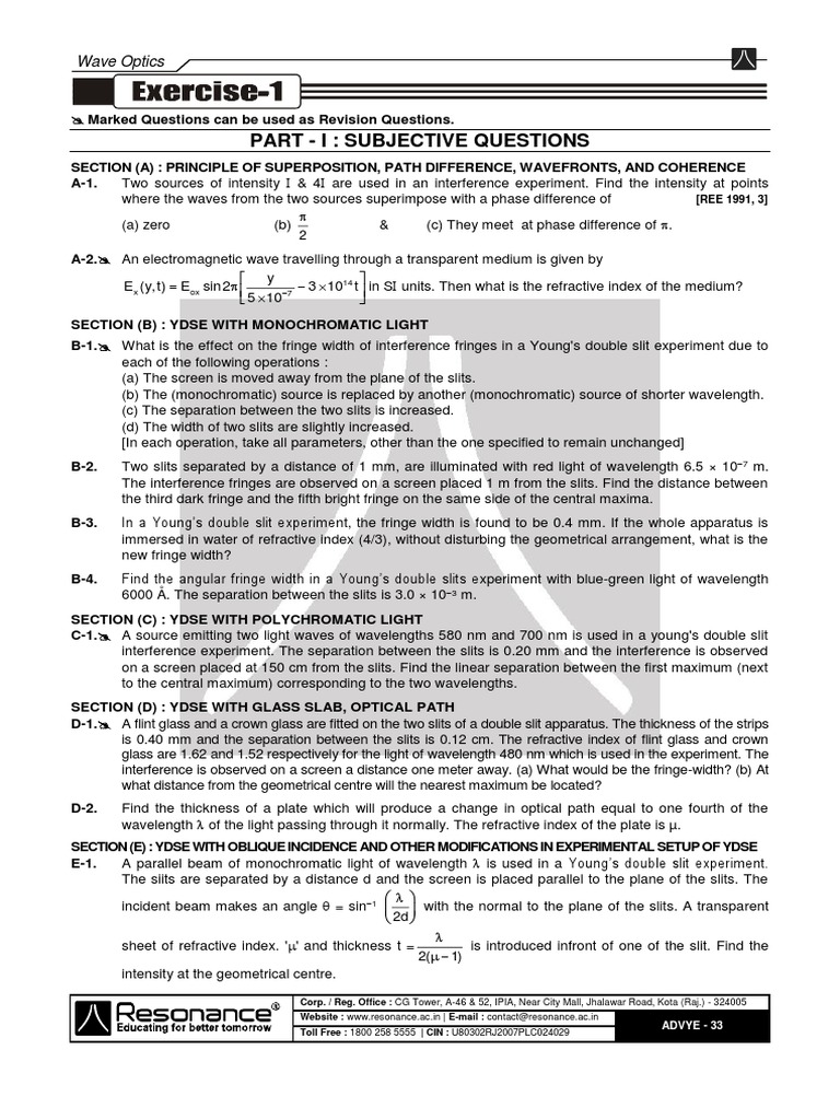 Wave Optics Exercises | PDF | Wavelength | Diffraction