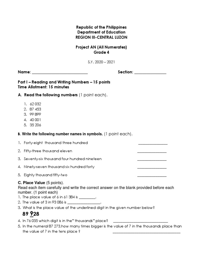 Project An Grade 4 1 | PDF | Mathematics