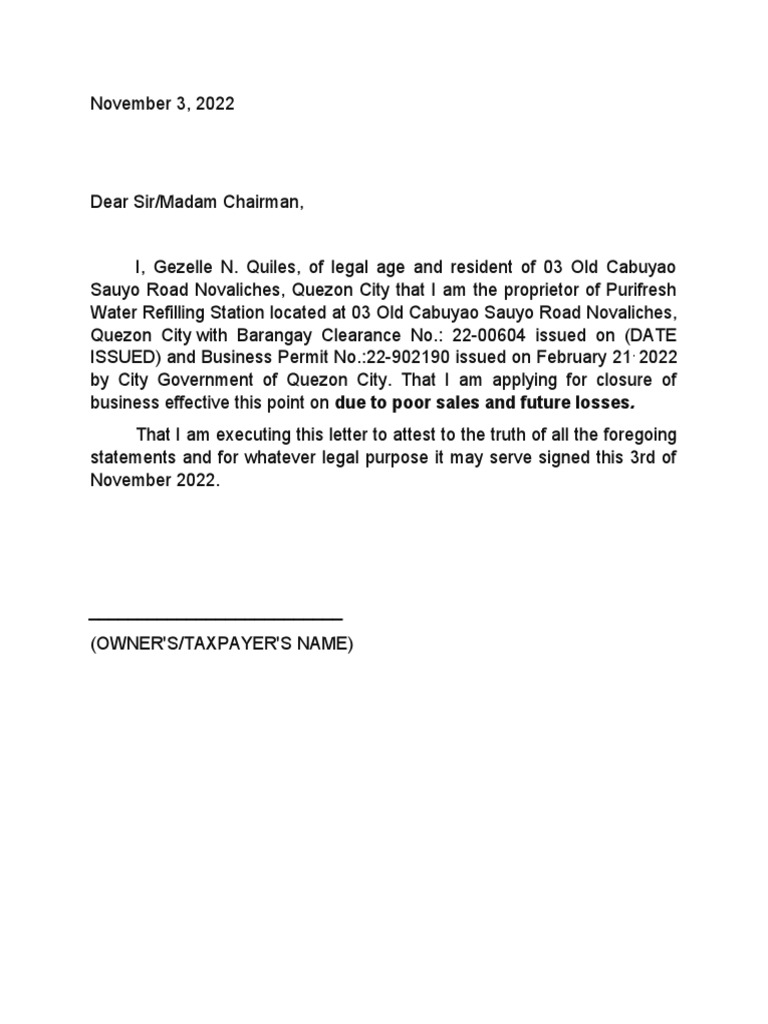 Business Closure Request Letter | PDF