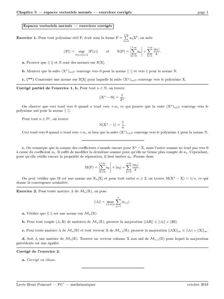 Exercices corrigés sur espaces vectoriels normés | PDF | Matrice ...