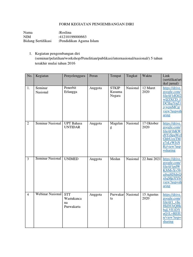Form Kegiatan Pengembangan Diri | PDF