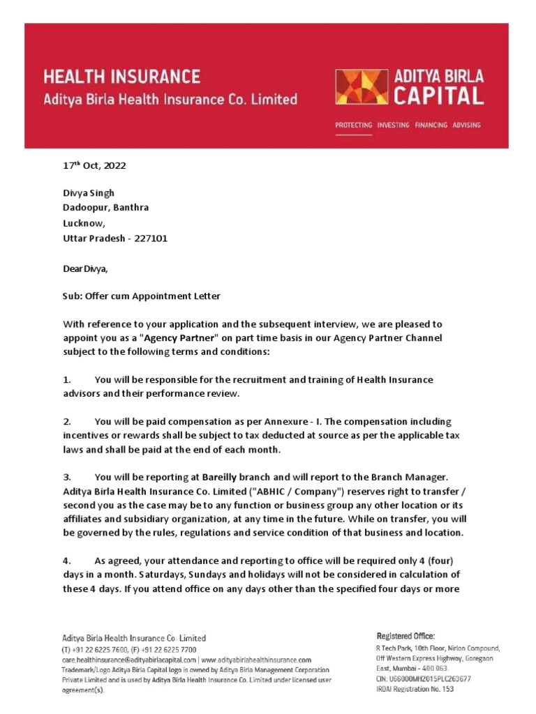 Divya - Offer Cum Appointment Letter | PDF | Insurance | Cheque