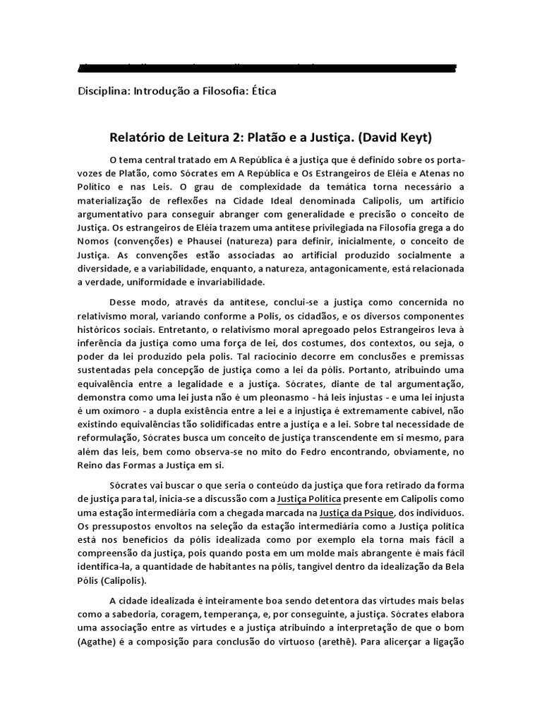 Relatório: Platão e A Justiça David Keyt | PDF | Justiça | Crime e ...
