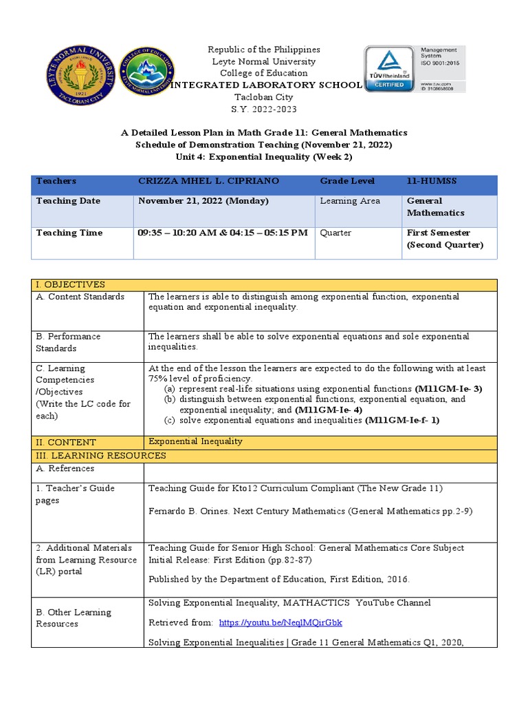 Lesson Plan (Exponential Inequality) | PDF | Inequality (Mathematics ...